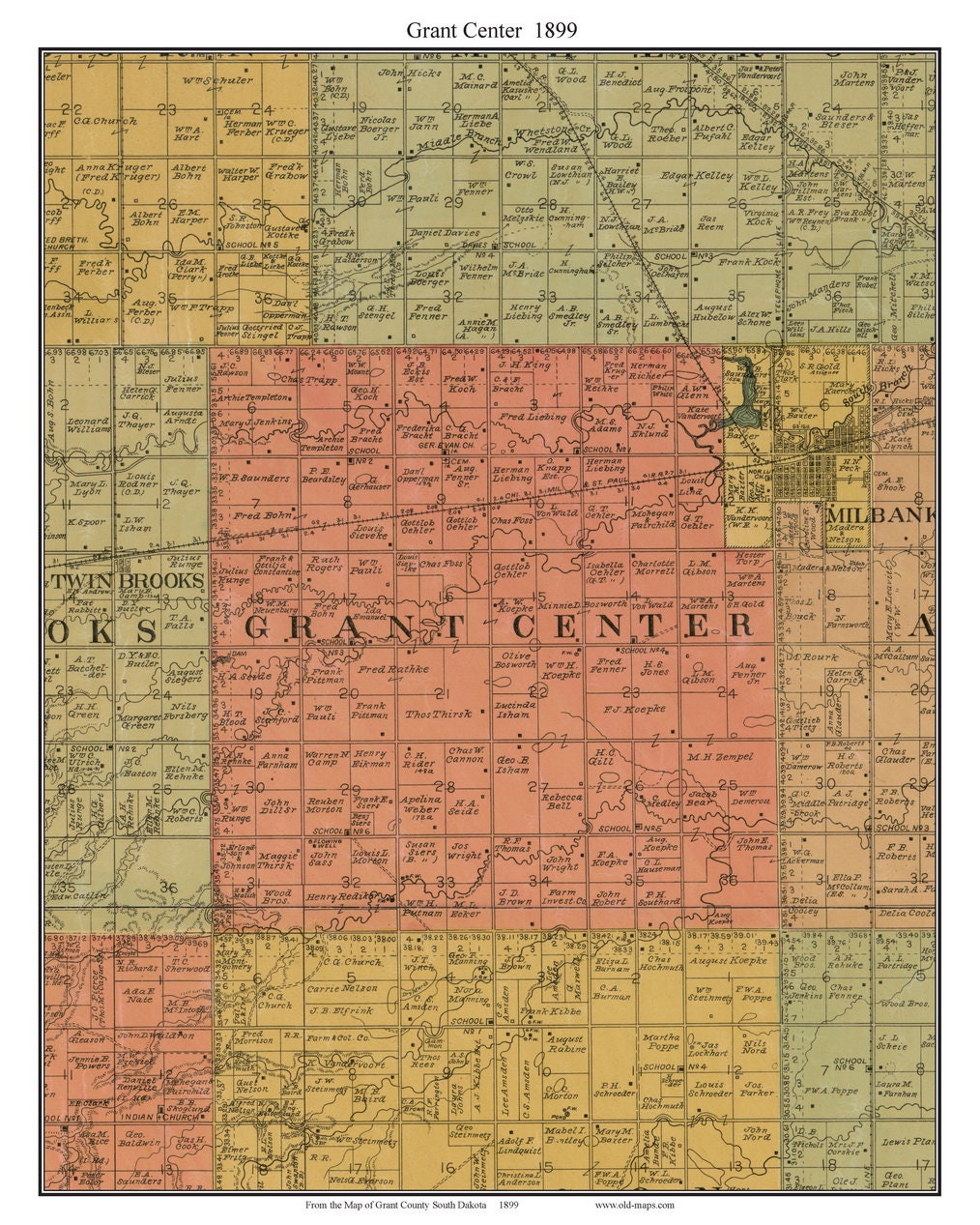Grant Center 1899 Old Town Map With Homeowner Names South Dakota Grant ...