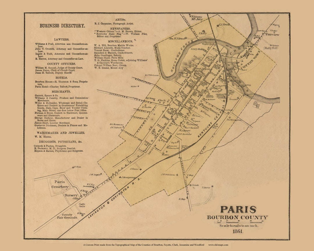 Paris Kentucky 1861 Old Town Map Business Listings Homeowner Names ...