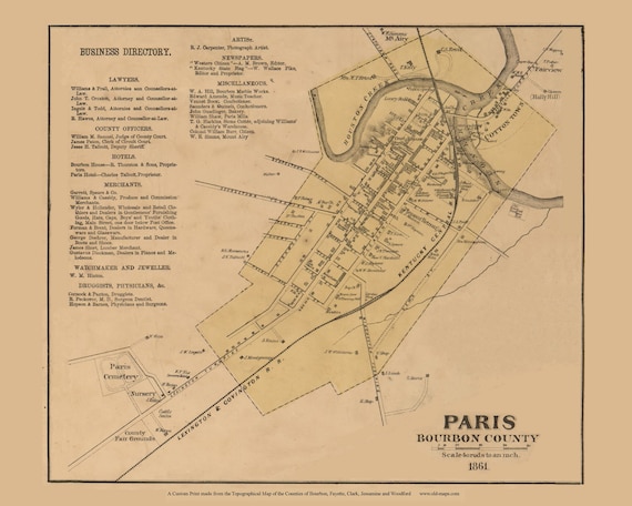 Paris Kentucky 1861 Old Town Map Business Listings Homeowner | Etsy
