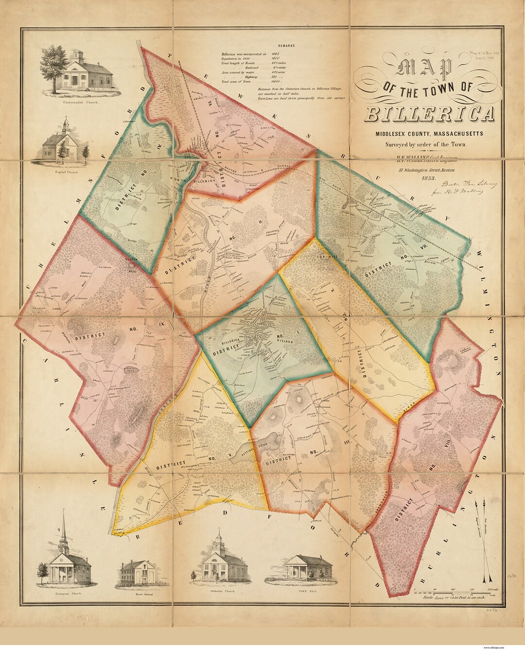 Billerica 1853 (color) - Old Town Map - Homeowner Names Middlesex ...