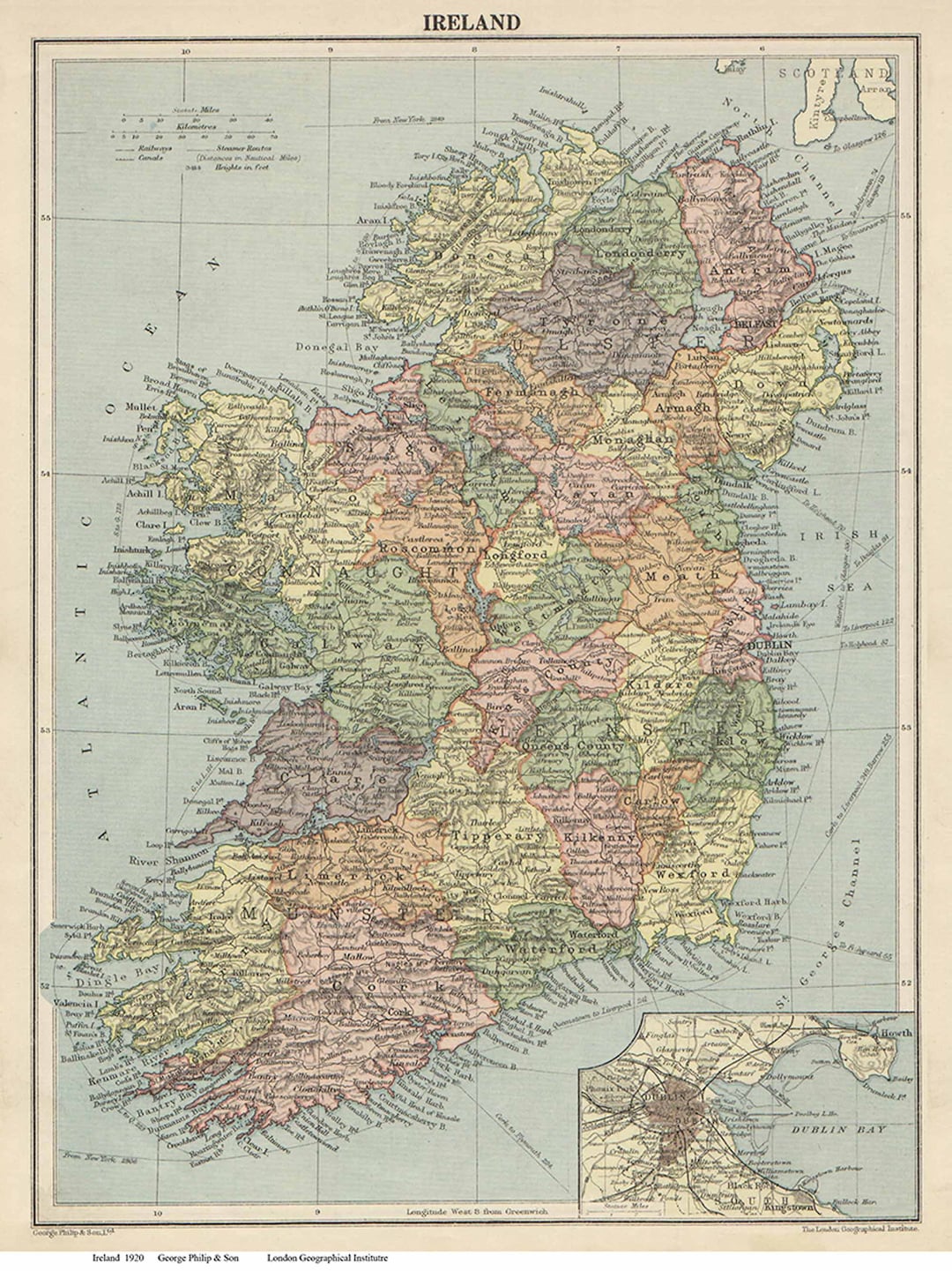 Ireland 1920 Map by Philips - Old Map Reprint - Etsy