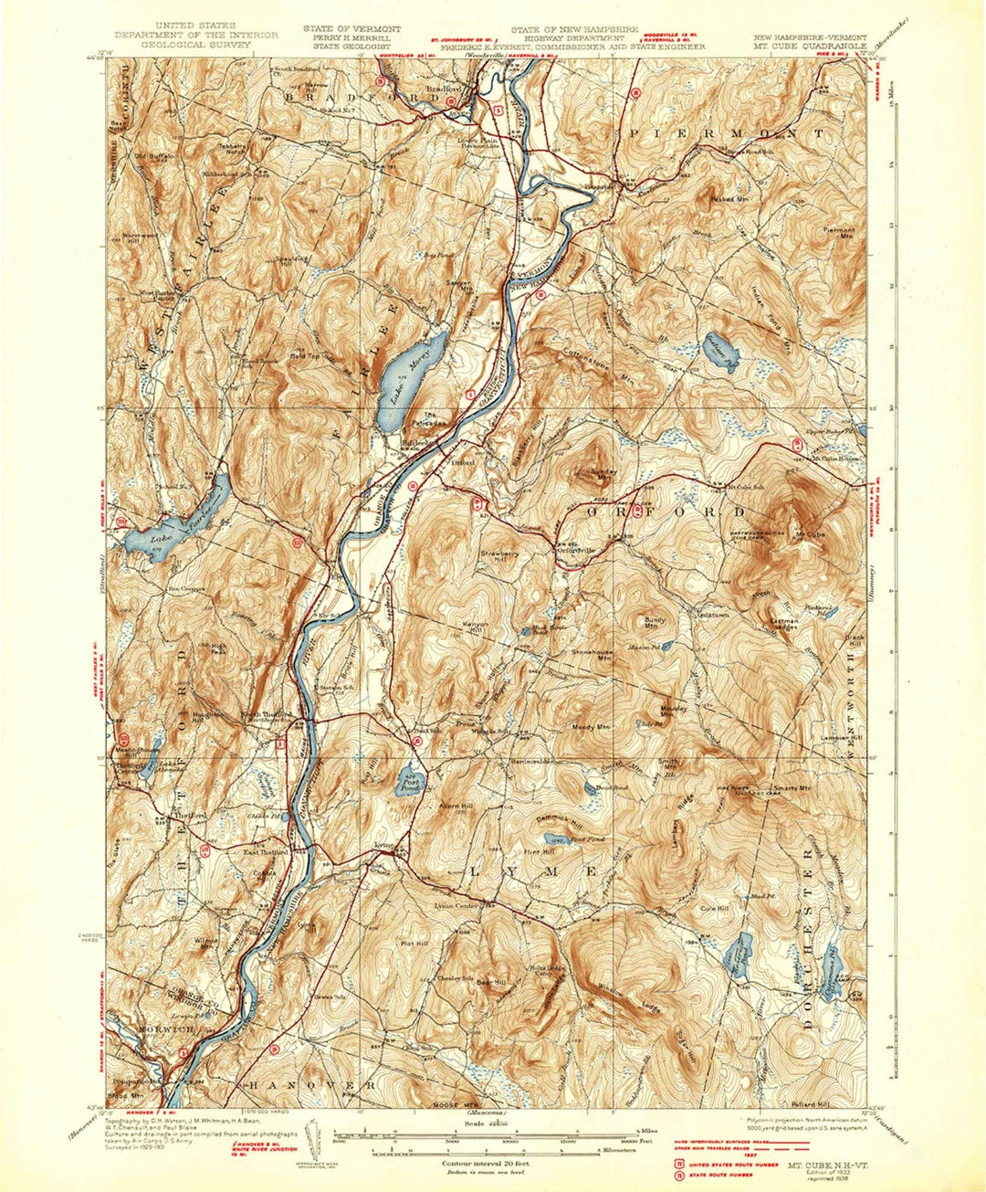 Mount Cube 1933 1933a Old Topo Map Lake Fairlee Lake Morey Lyme Orford ...