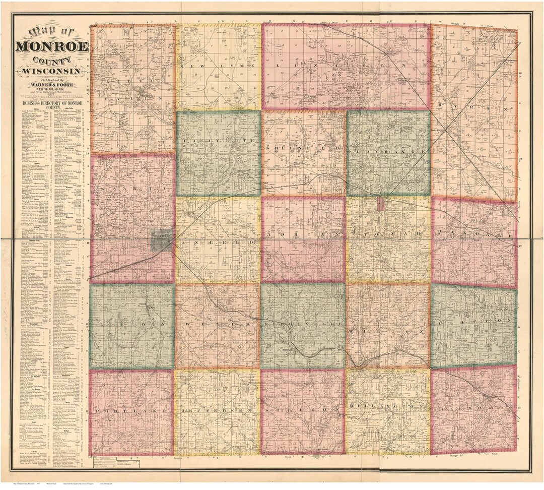Monroe County Wisconsin 1877 - Wall Map Reprint With Homeowner Names ...