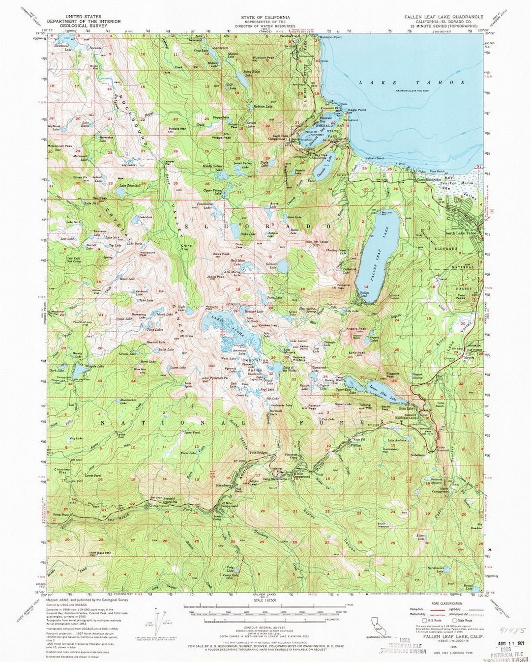 Fallen Leaf Lake 1955 - Old Topo Map - Lake Tahoe - Quad Reprint ...