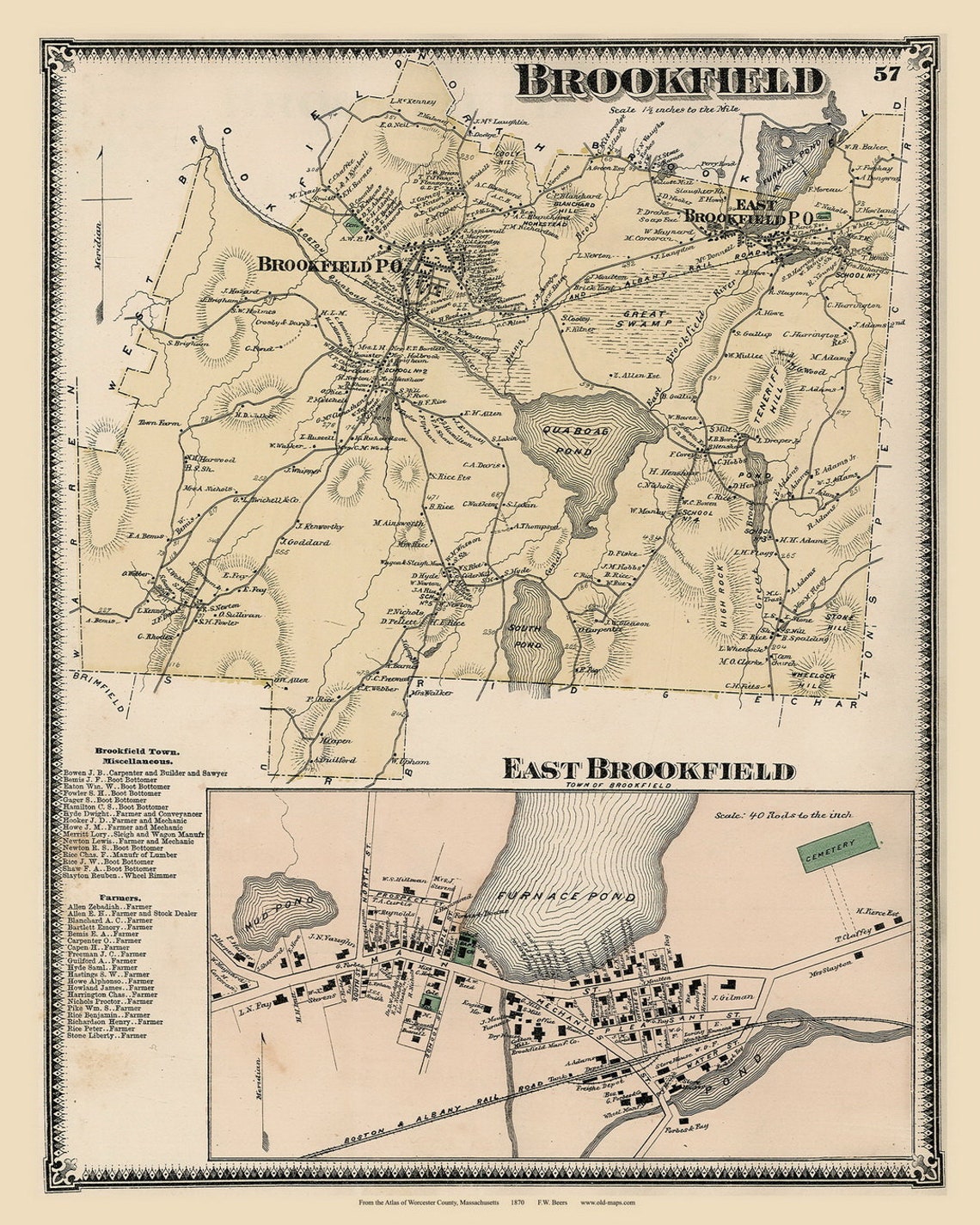 Brookfield 1870 Old Town Map With Homeowner Names Massachusetts East ...