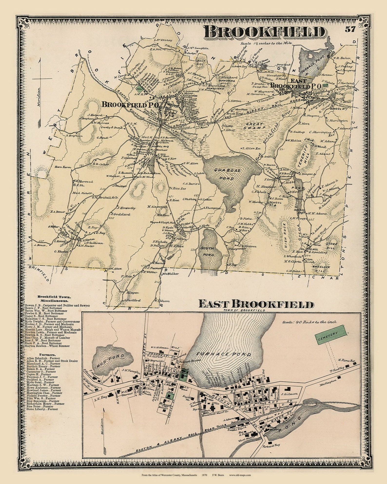 Brookfield 1870 Old Town Map With Homeowner Names Massachusetts East ...