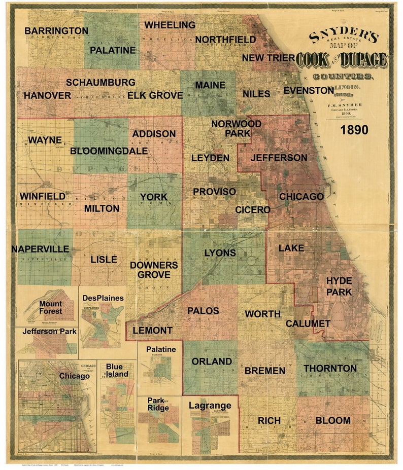 Cook & Dupage Counties Illinois 1890 Old Wall Map Reprint | Etsy