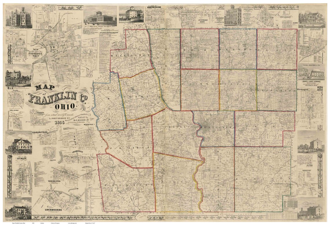 Franklin County Ohio 1856 - Old Wall Map Reprint With Homeowner Names ...