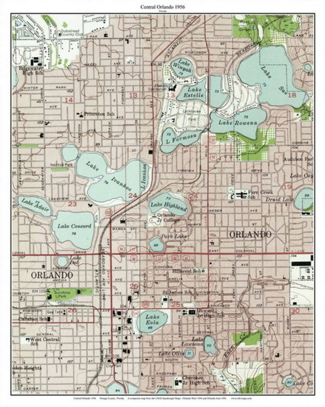 Central Orlando 1956 - Lake Eola Lake Ivanhoe - Old Topographic Map ...