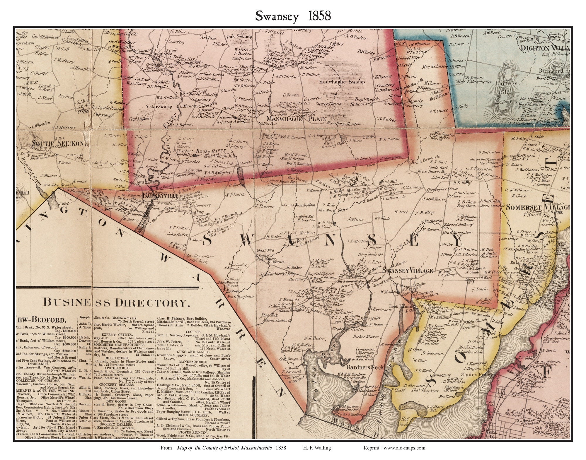 Swansey 1858 Old Town Map With Homeowner Names Swansea Massachusetts ...