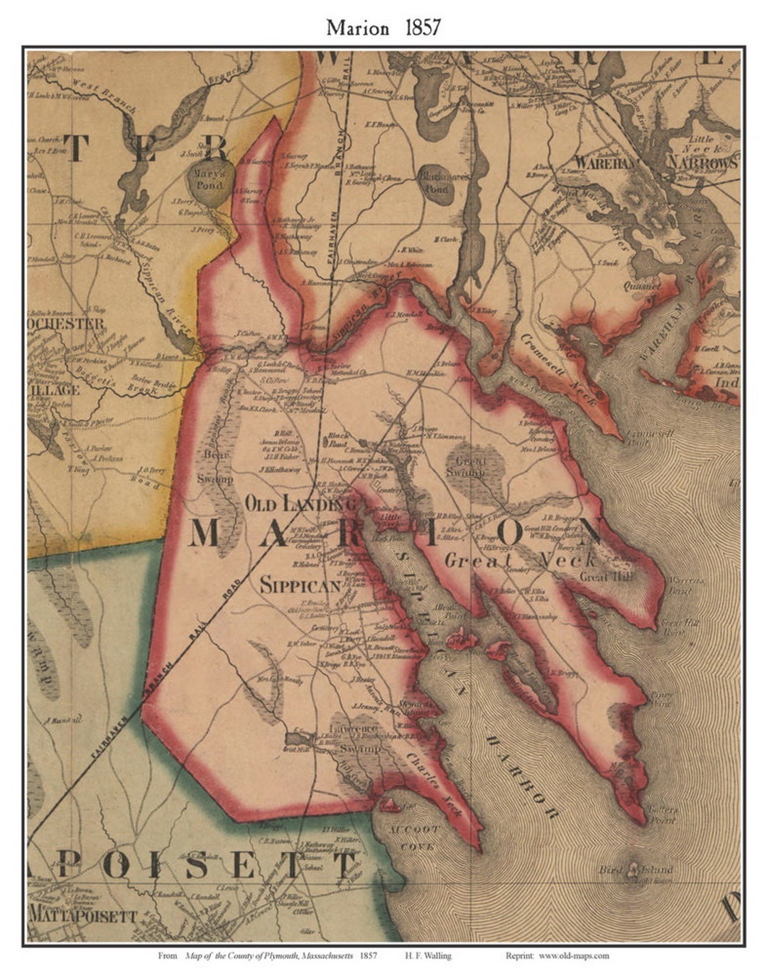 Marion 1857 Old Town Map With Homeowner Names Massachusetts Sippican ...