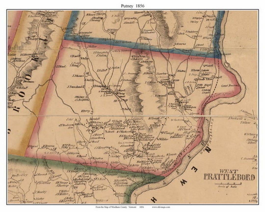 Putney 1856 Old Town Map With Homeowner Names Vermont - Reprint ...
