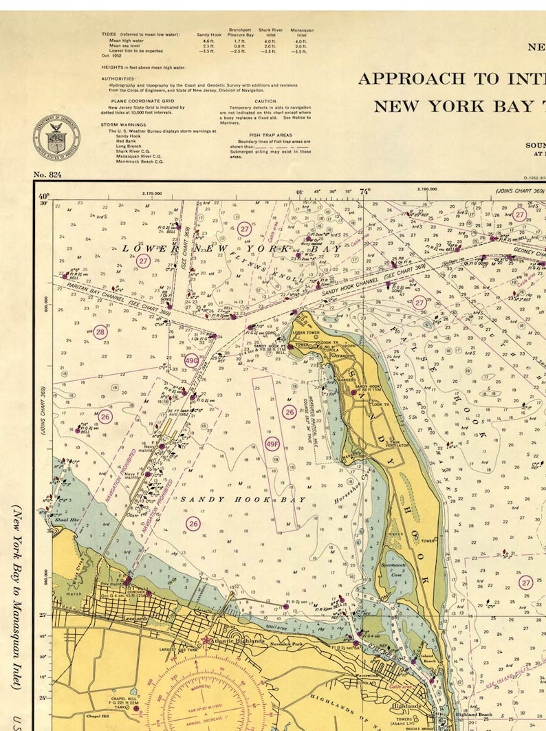 New York Bay to Manasquan Inlet Sandy Hook 1953 Nautical Map | Etsy