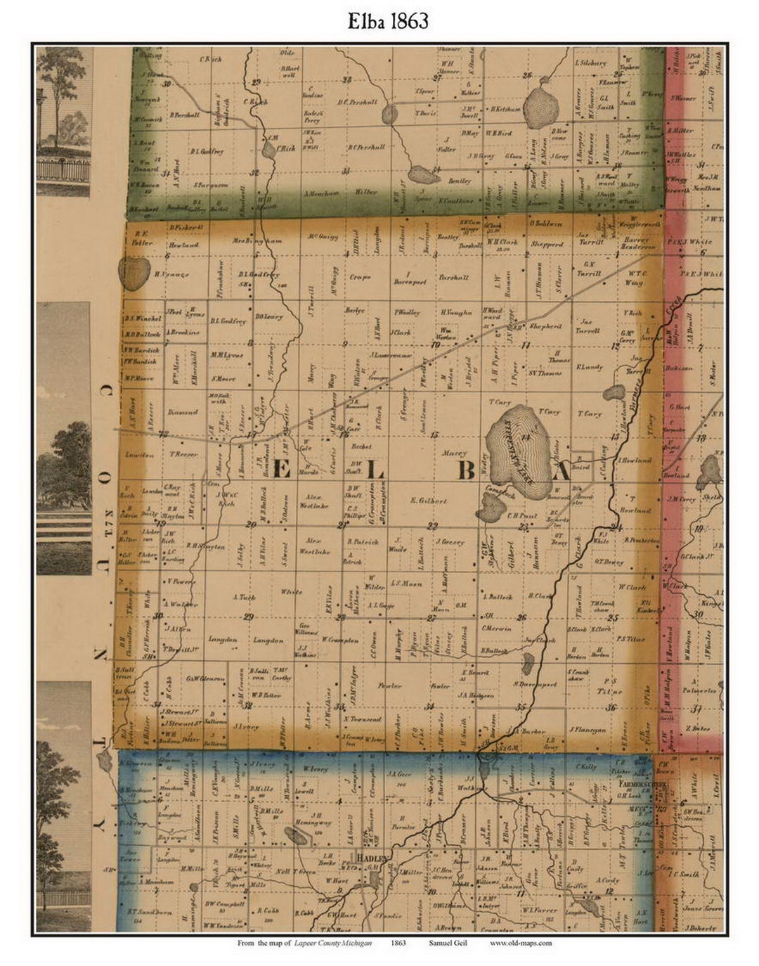 Elba 1863 Old Town Map With Homeowner Names - Michigan - Reprint ...