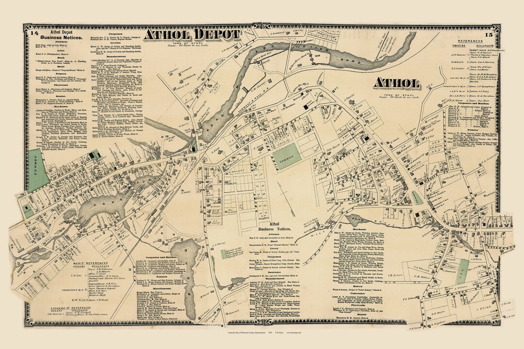 Athol Depot 1870 Old Town Map With Homeowner Names Massachusetts ...