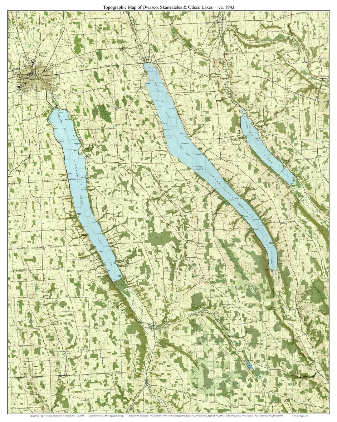 Owasco, Skaneateles and Otisco Lakes - Ca. 1943 USGS Old Topographic ...