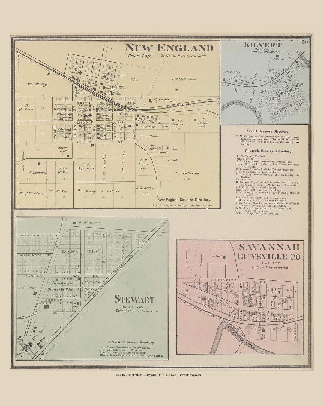 Stewart 1875 - Old Town Map Reprint - New England, Savannah, Guysville ...