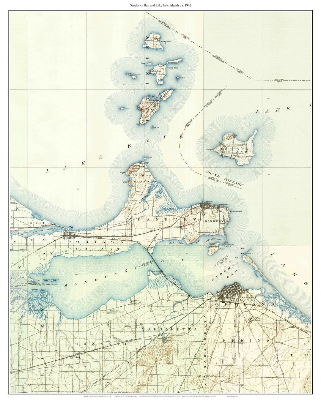 Sandusky Bay and the Lake Erie Islands 1942 Old Topographic Map USGS ...