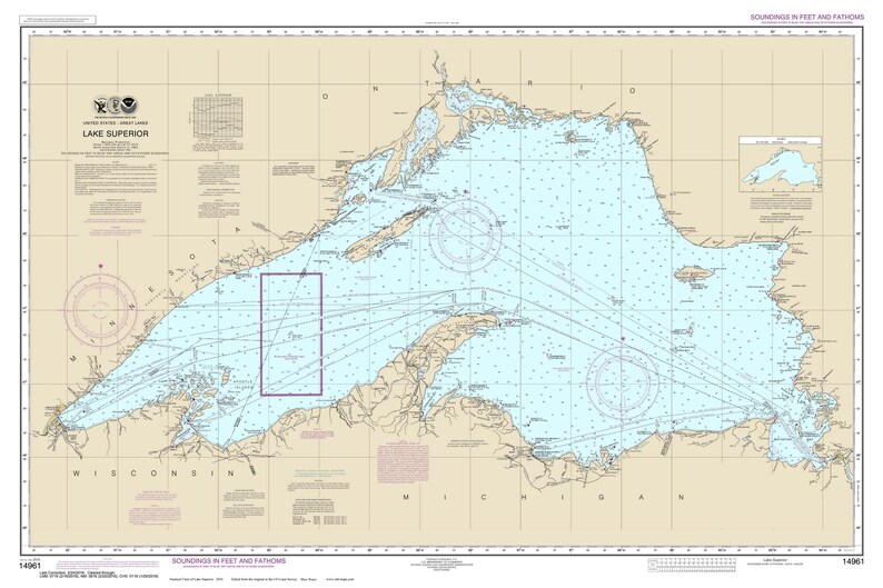 Lake Superior 2016 Custom Nautical Map Print BLUE WATER - Great Lakes ...