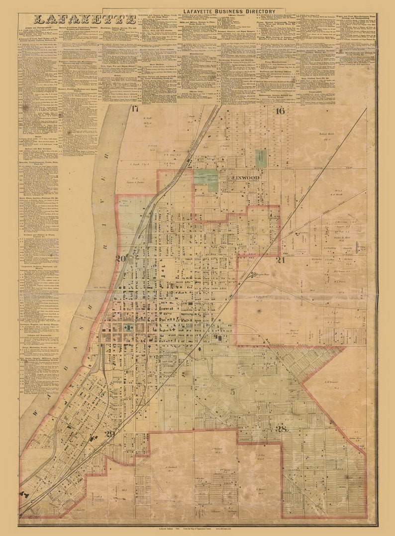 Lafayette 1866 Old Town Map With Homeowner Names Indiana Fairfield ...