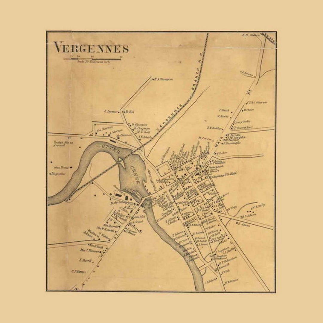 Vergennes Village Vermont 1857 Old Town Map - Reprint Addison Co VT TM ...