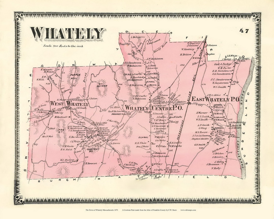Whately 1871 Town Only Old Town Map Custom Reprint Franklin County ...