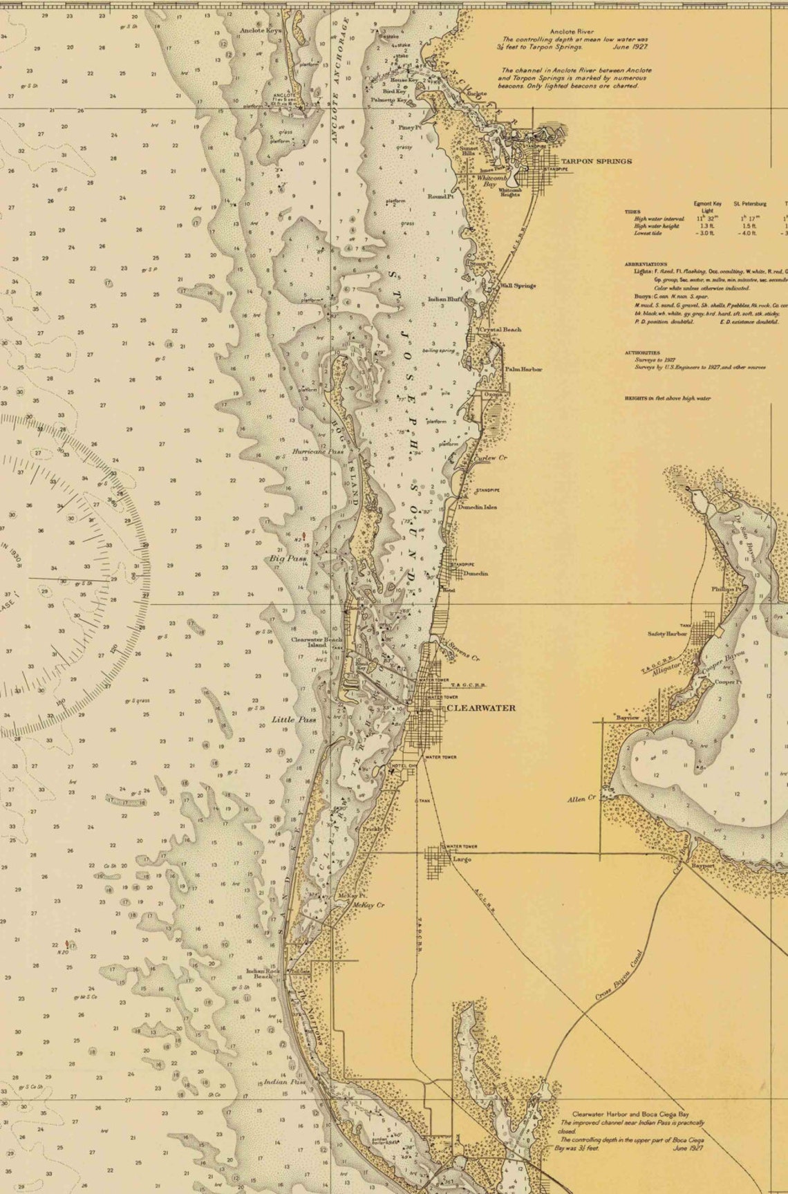 Tampa Bay to St Joseph Sound 1928 Nautical Map Tarpon Springs St ...