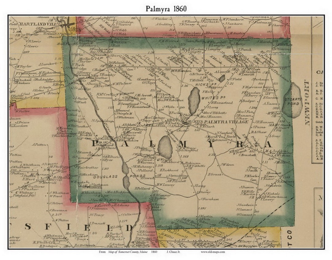 Palmyra 1860 Old Town Map With Homeowner Names Maine - Reprint ...