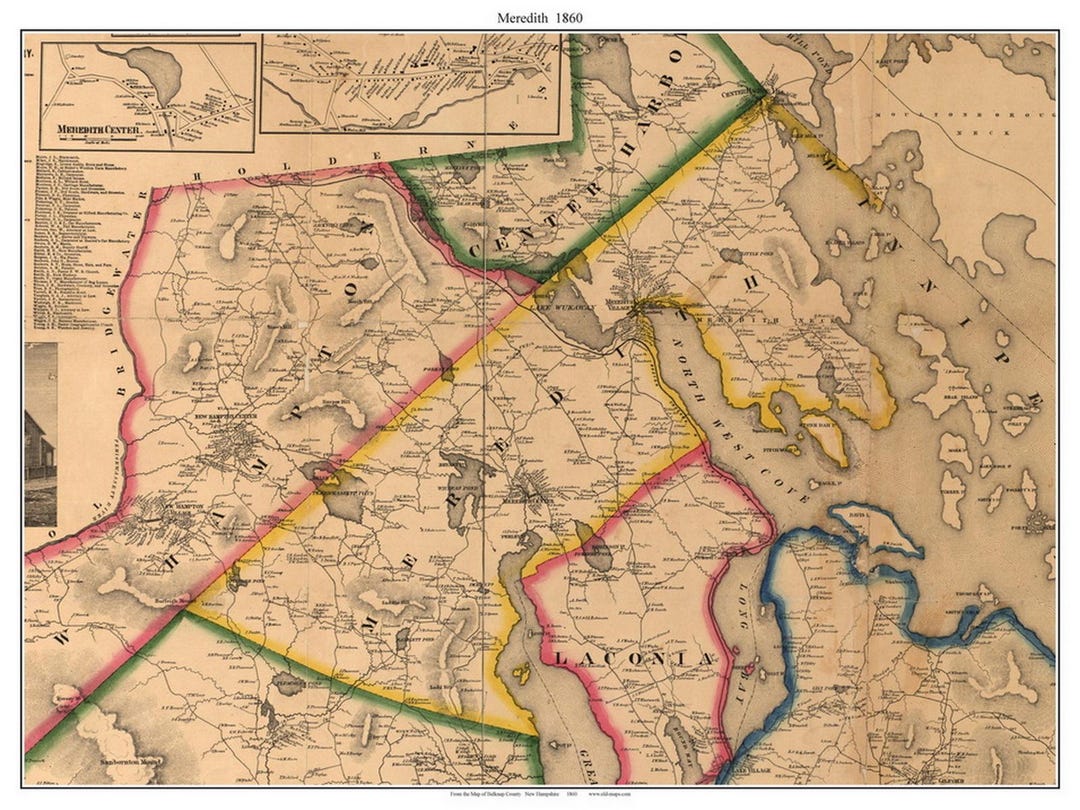 Meredith 1860 Old Town Map With Homeowner Names New Hampshire - Reprint ...