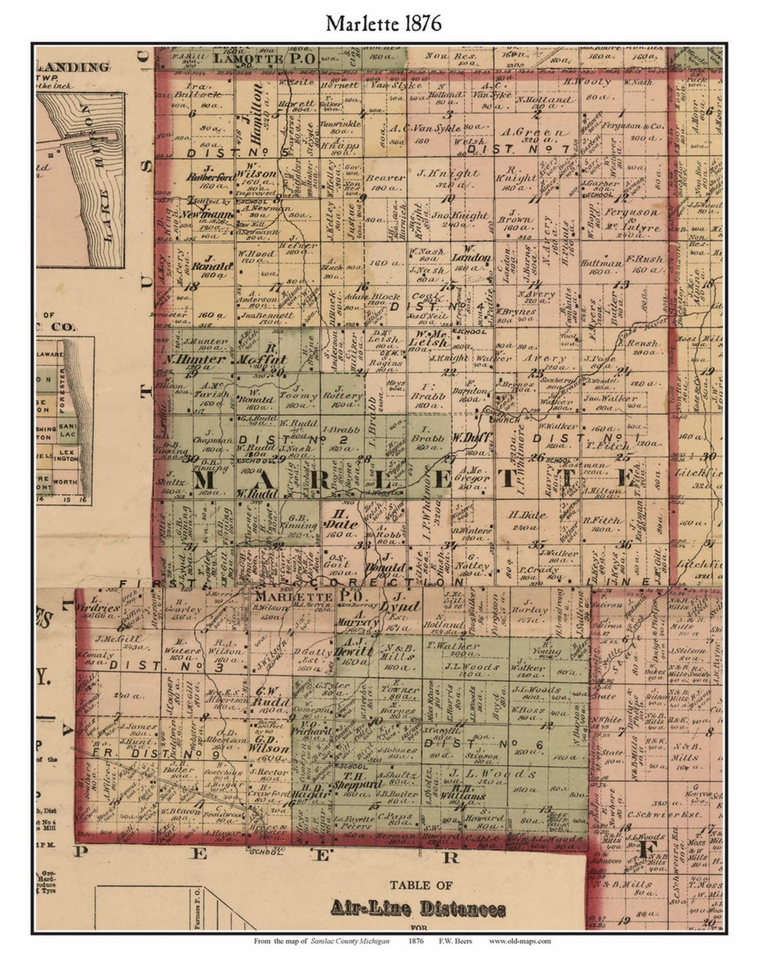 Marlette 1876 Old Town Map With Homeowner Names - Michigan - Reprint ...