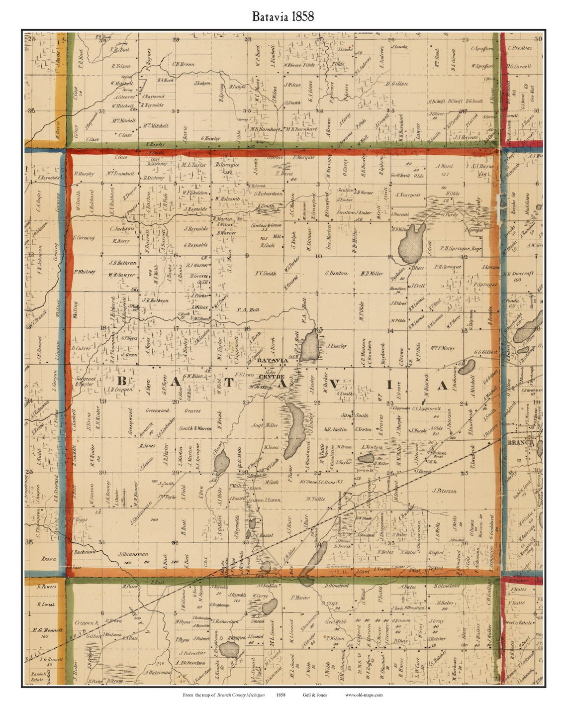 Batavia 1858 Old Town Map With Homeowner Names - Michigan - Reprint ...