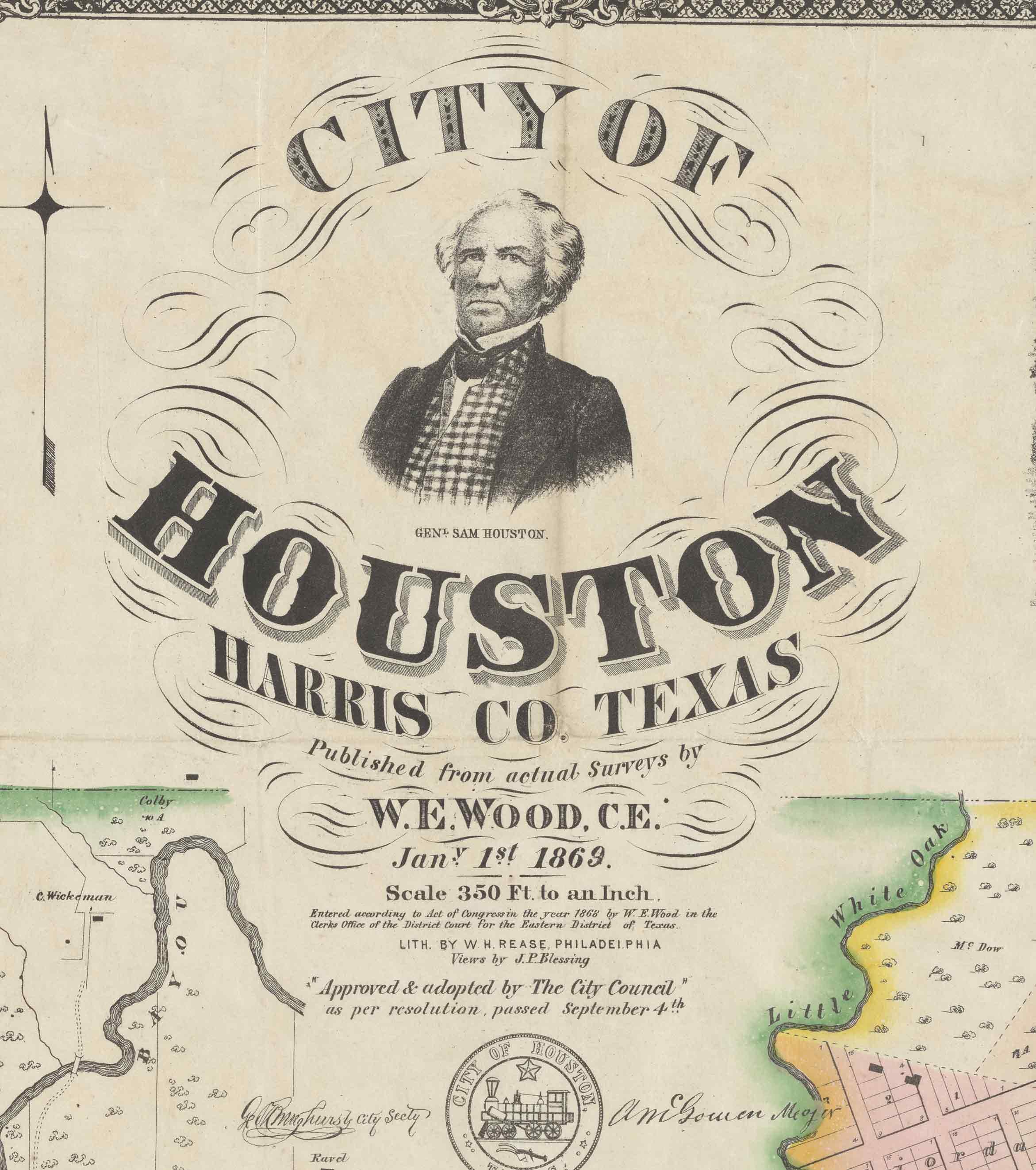 Houston Texas 1869 Old Map Very Detailed -owner Names - Reprint - Texas ...