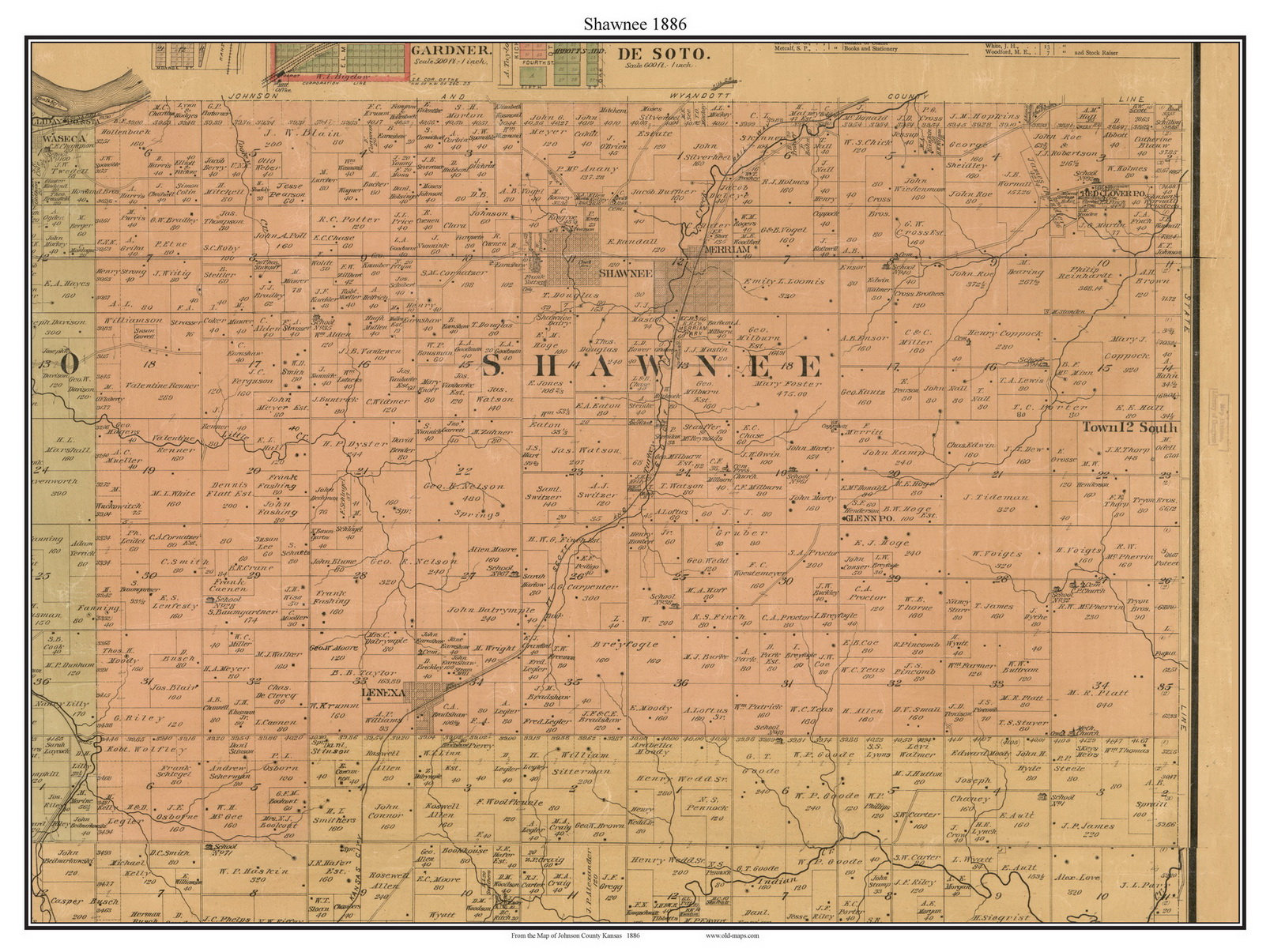 Shawnee 1886 Old Town Map With Homeowner Names Kansas City Kansas ...