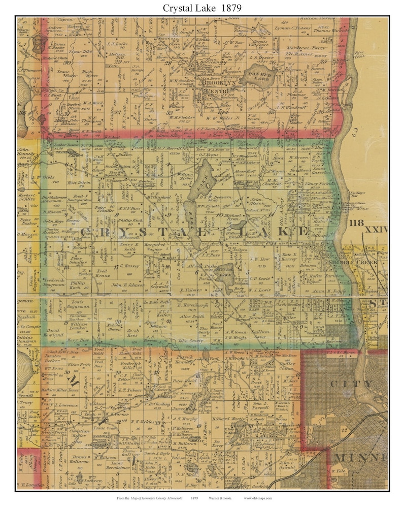 Crystal Lake 1879 Old Town Map With Homeowner Names Minnesota | Etsy
