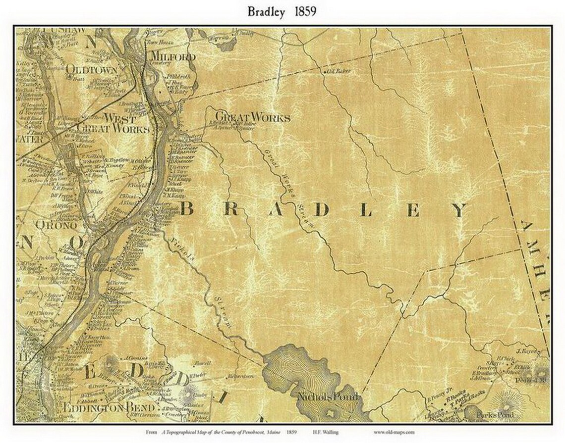 Bradley 1859 Old Town Map With Homeowner Names Maine Reprint - Etsy