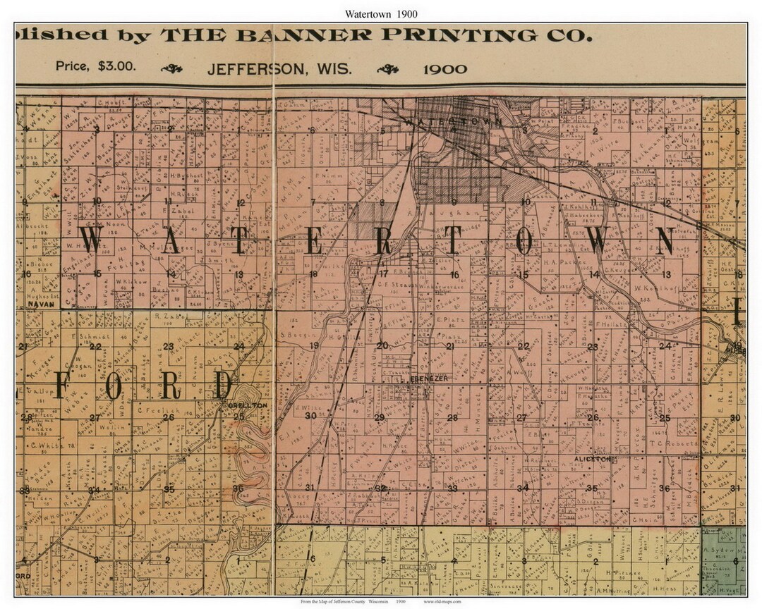 Watertown 1900 - Old Town Map With Homeowner Names - Ebenezer Aliceton ...