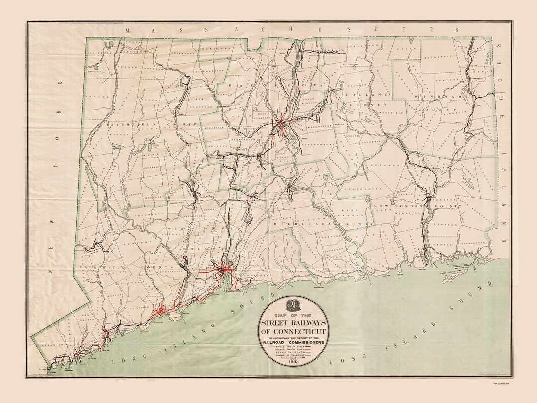 Connecticut 1903 Map of Street Railways - Trolley Car Lines - Reprint ...