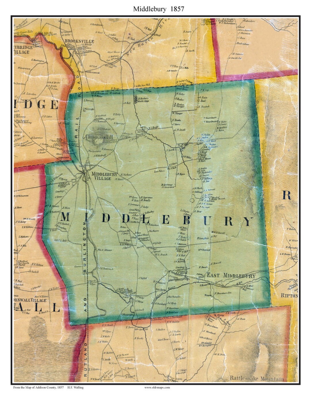 Middlebury 1857 Old Town Map With Homeowner Names Vermont Reprint ...