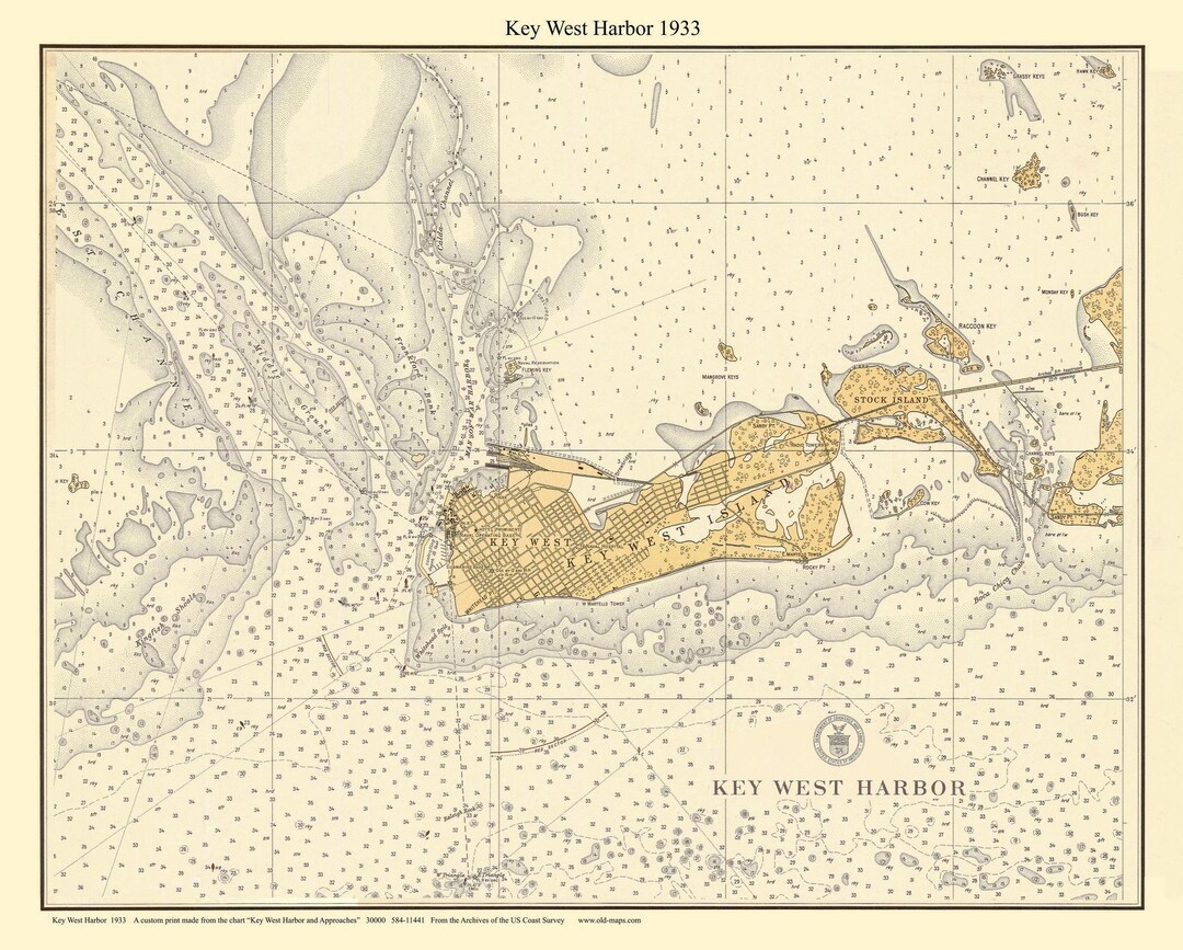 Key West Harbor 1933 - Nautical Map Florida - Custom Print - 584-11441 ...