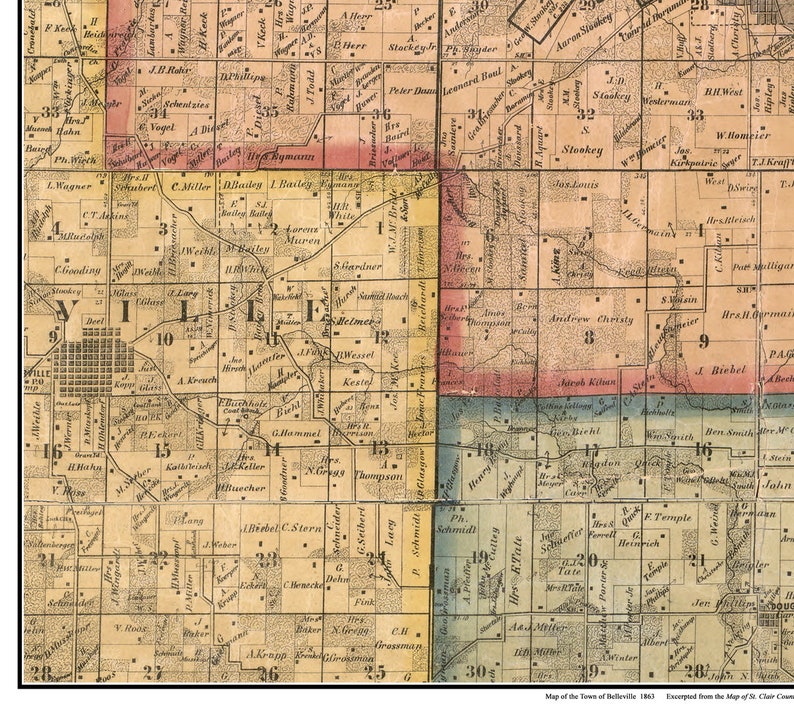 Belleville Illinois 1863 Old Town Map Custom Print Saint - Etsy