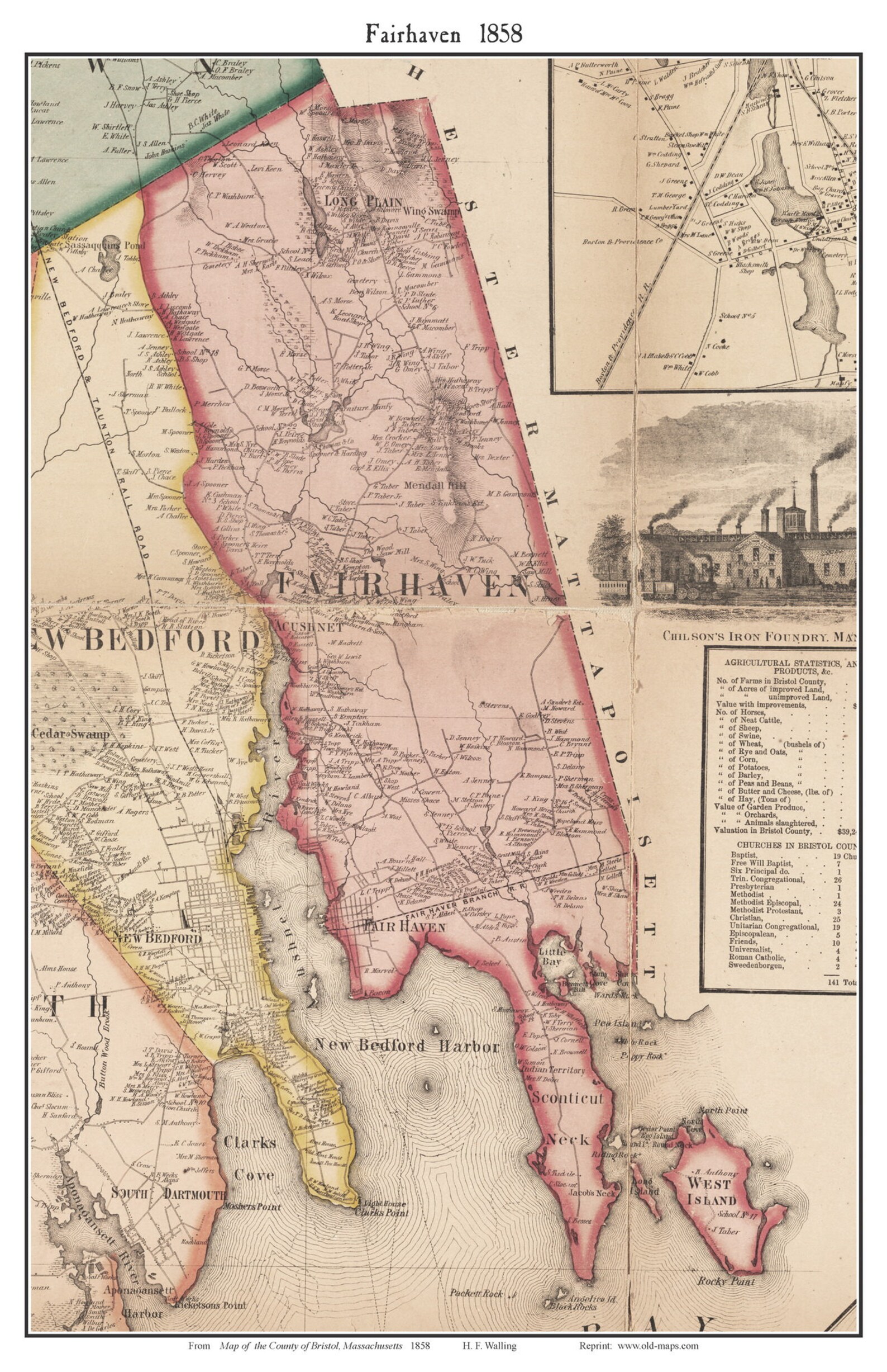 Fairhaven 1858 Old Town Map With Homeowner Names Massachusetts | Etsy
