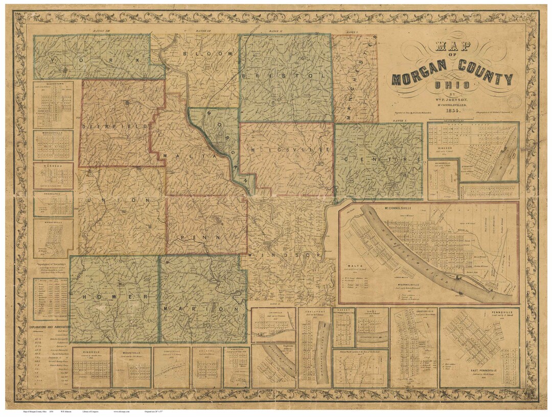 Morgan County Ohio 1854 - Old Wall Map Reprint With Homeowner Names ...