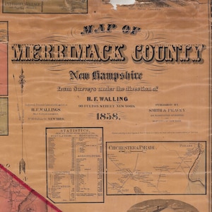 Merrimack County Nh 1858 Original Wall Map Homeowner Names 4 Pieces ...