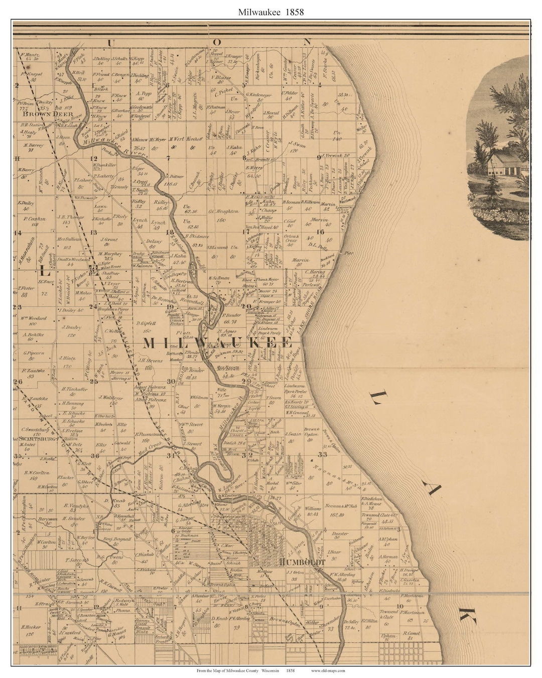 Milwaukee 1858 - Old Town Map With Homeowner Names - Humboldt ...