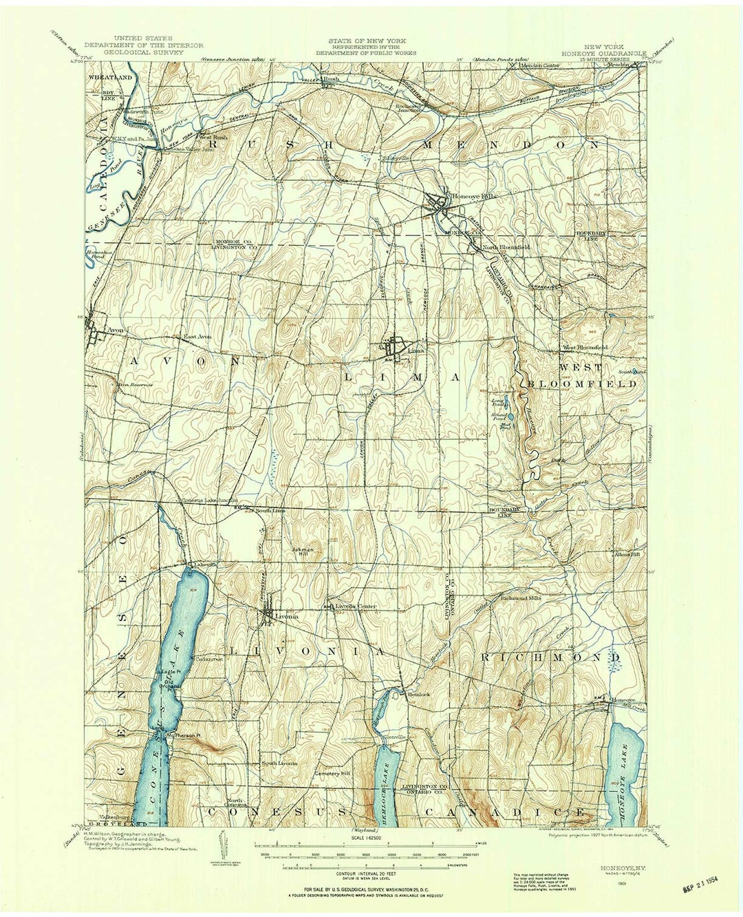 Honeoye 1901 1954 Old Topo Map Conesus Lake Livonia Hemlock - Etsy
