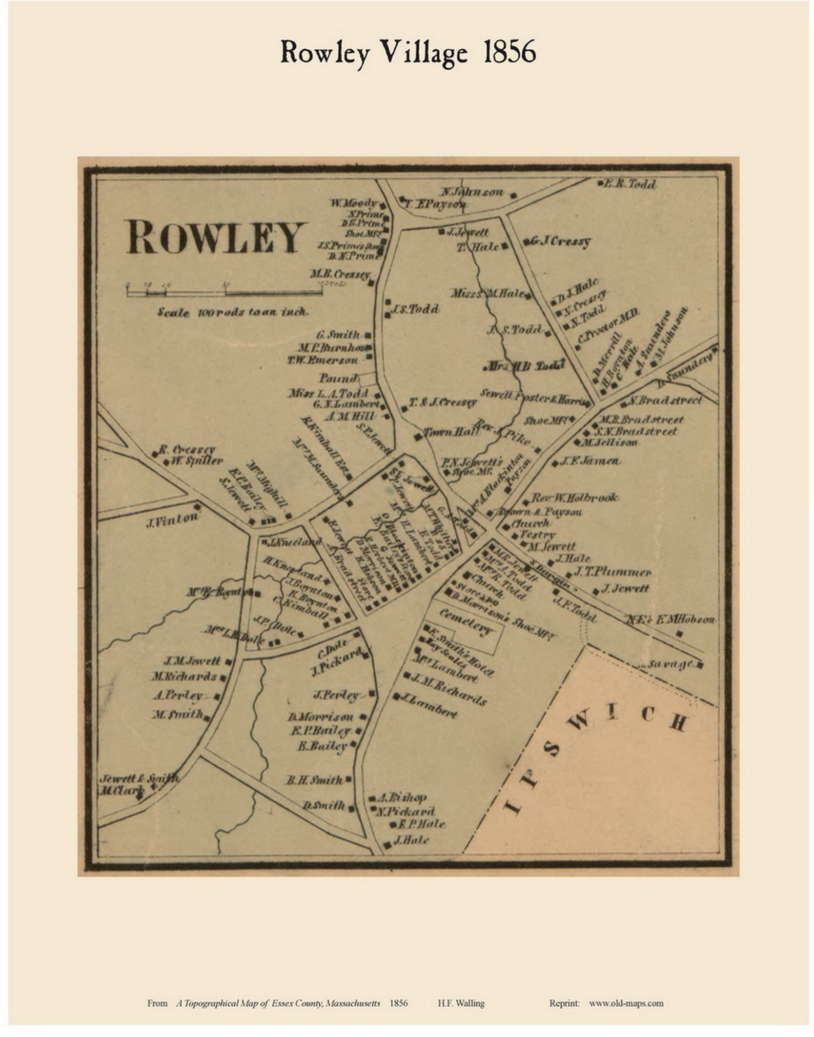 Rowley Village Massachusetts 1856 Old Town Map With Homeowner - Etsy