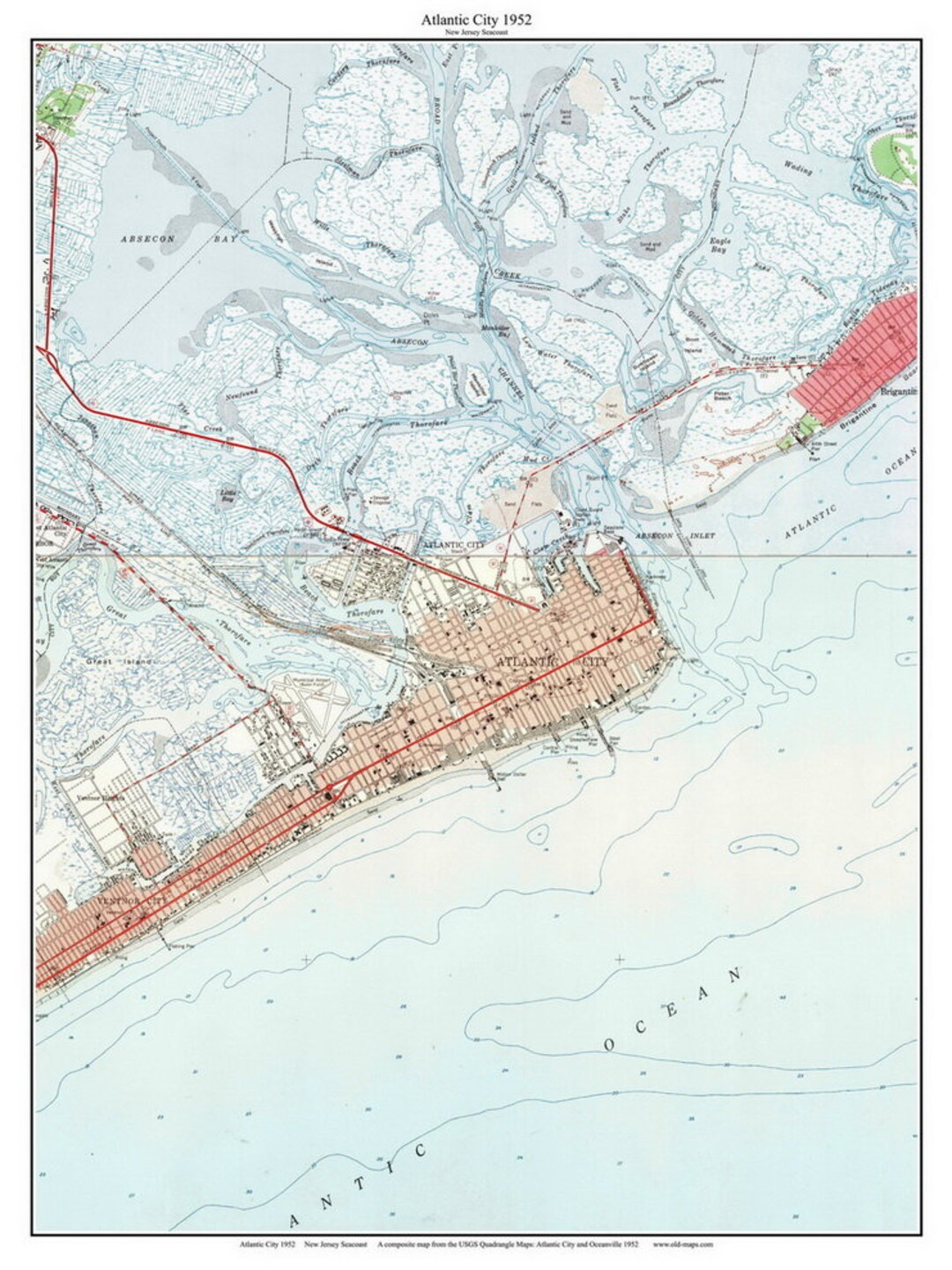 Atlantic City 1952 Old Topographic Map USGS Custom Composite Reprint ...