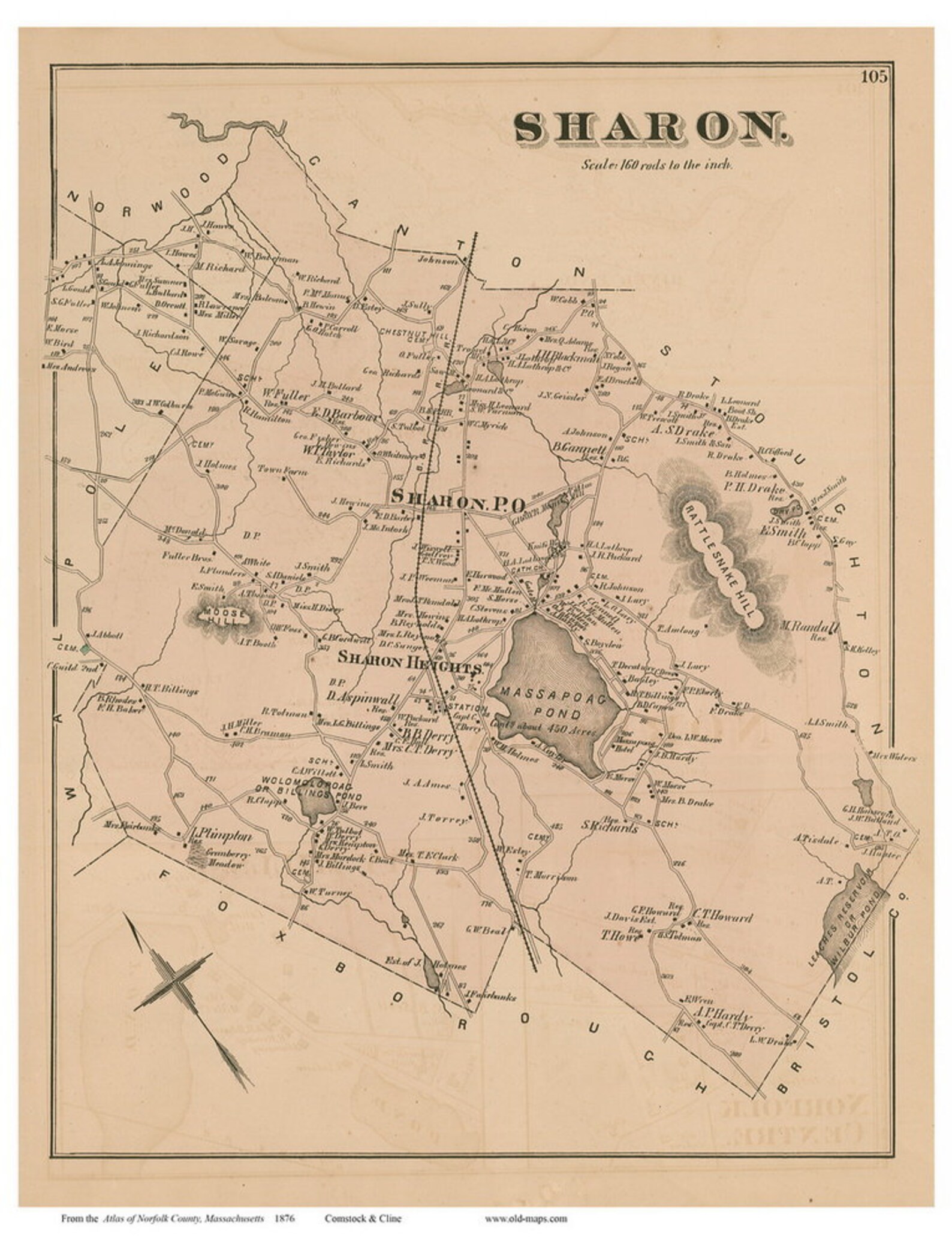 Sharon 1876 Old Town Map Reprint Massapoag Pond Norfolk - Etsy
