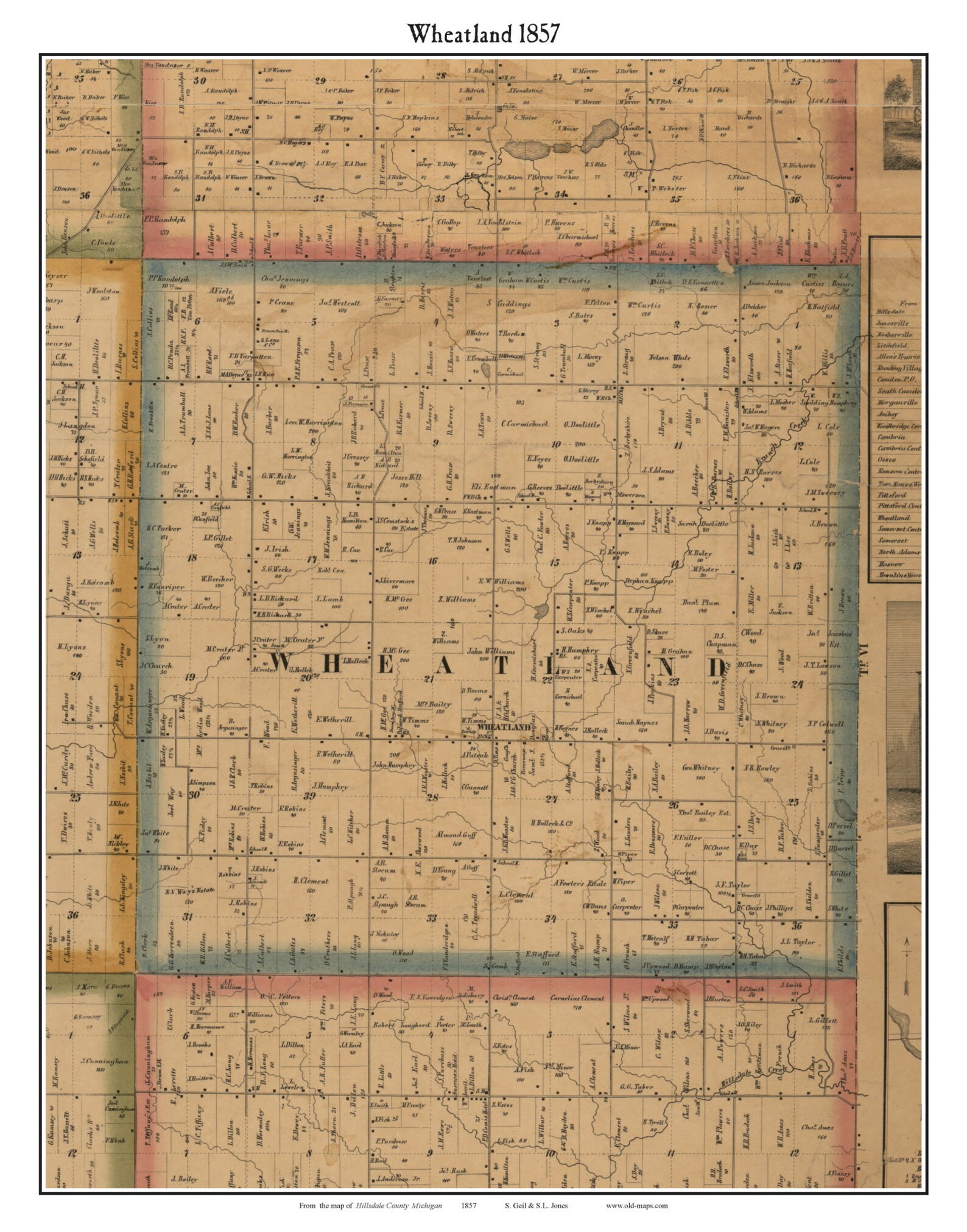 Wheatland 1857 Old Town Map With Homeowner Names Michigan - Reprint ...