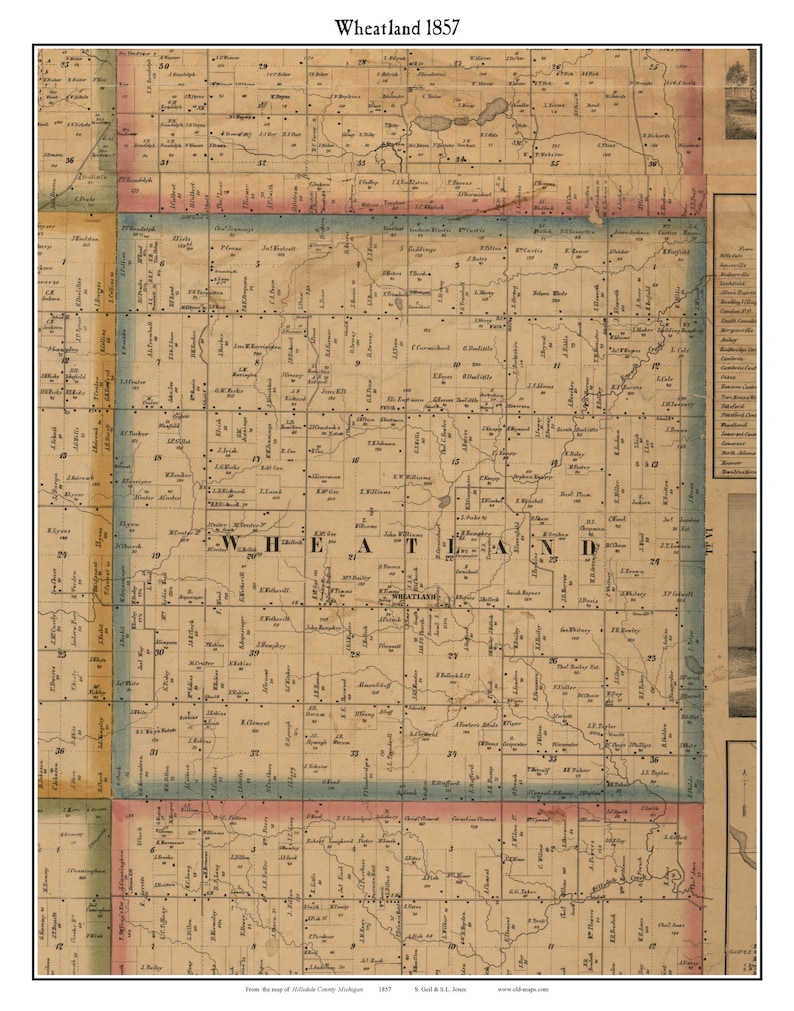 Wheatland 1857 Old Town Map With Homeowner Names Michigan - Reprint ...